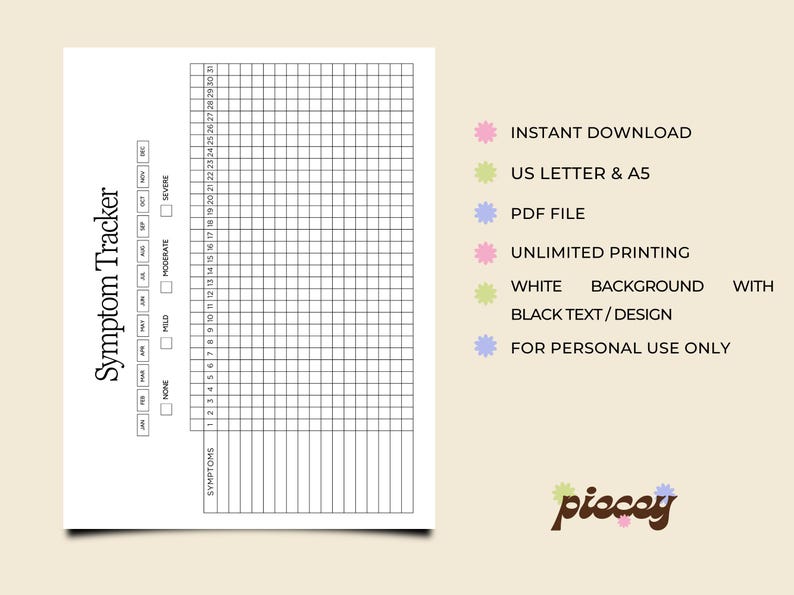 Monthly Symptom Tracker Log Printable, Symptom Frequency Tracker ...