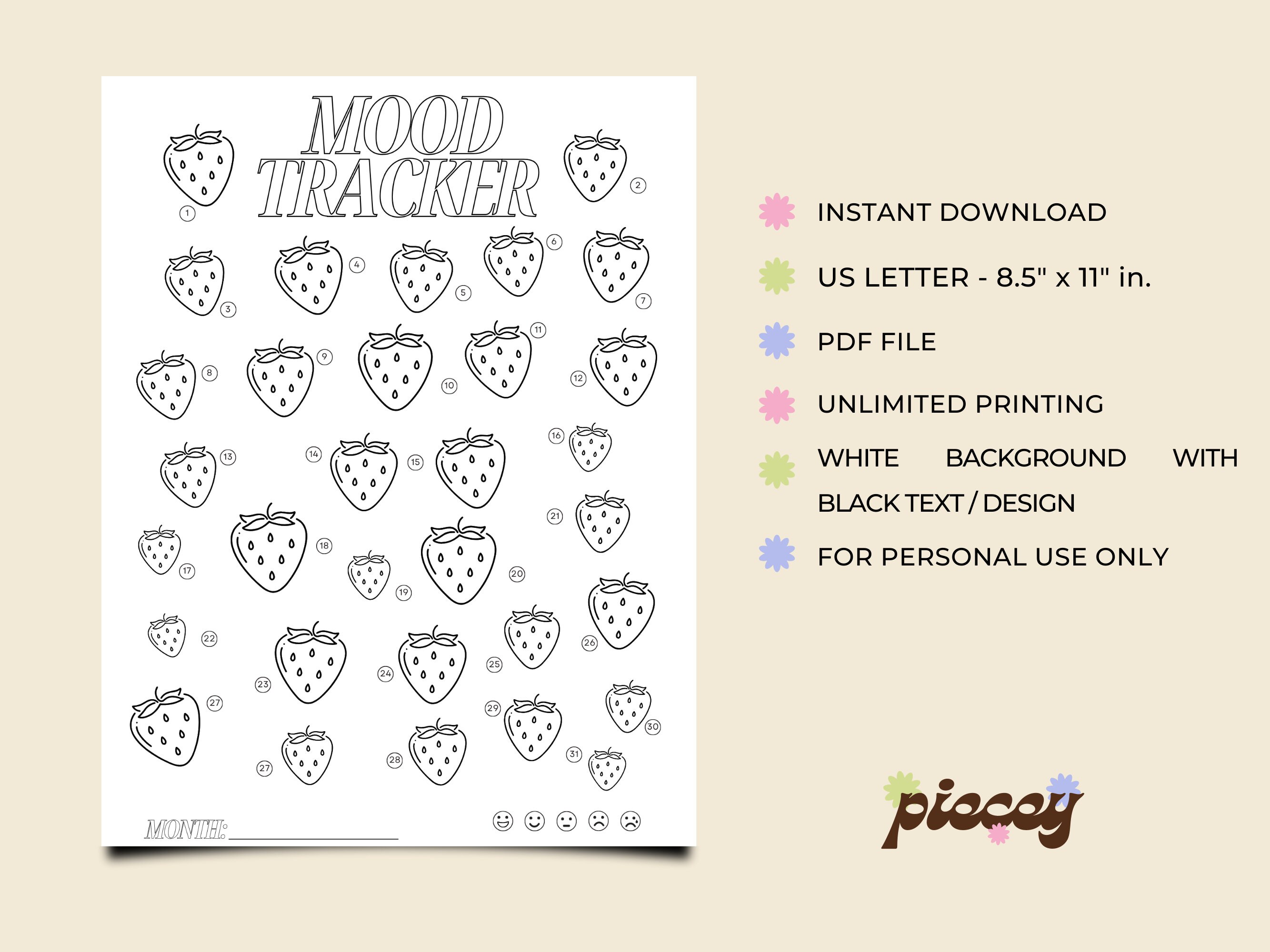 Mood Tracker Printable Strawberry Mood Tracker Printable Monthly Mood ...