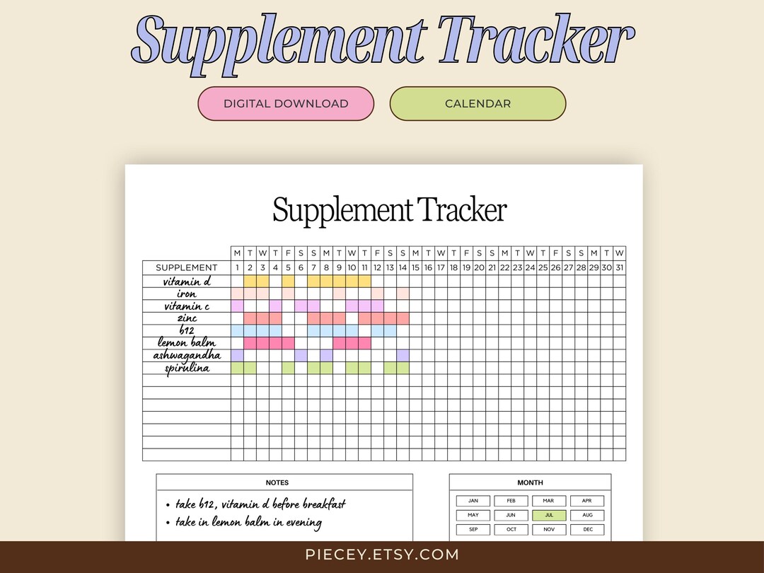 Monthly Supplement Tracker Printable, Vitamin Log (digital Download) - Etsy