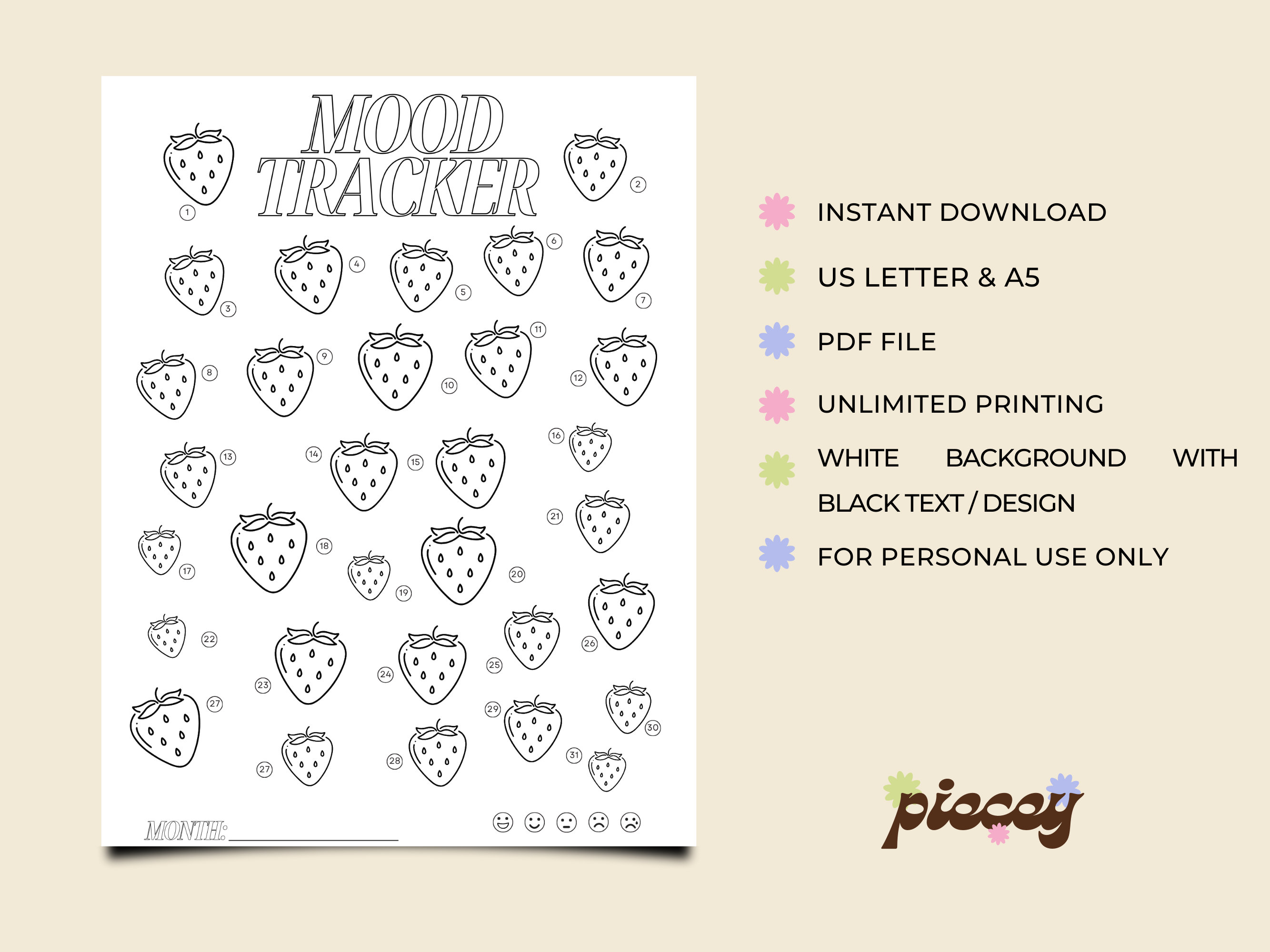 Mood Tracker Printable Strawberry Mood Tracker Printable Monthly Mood ...
