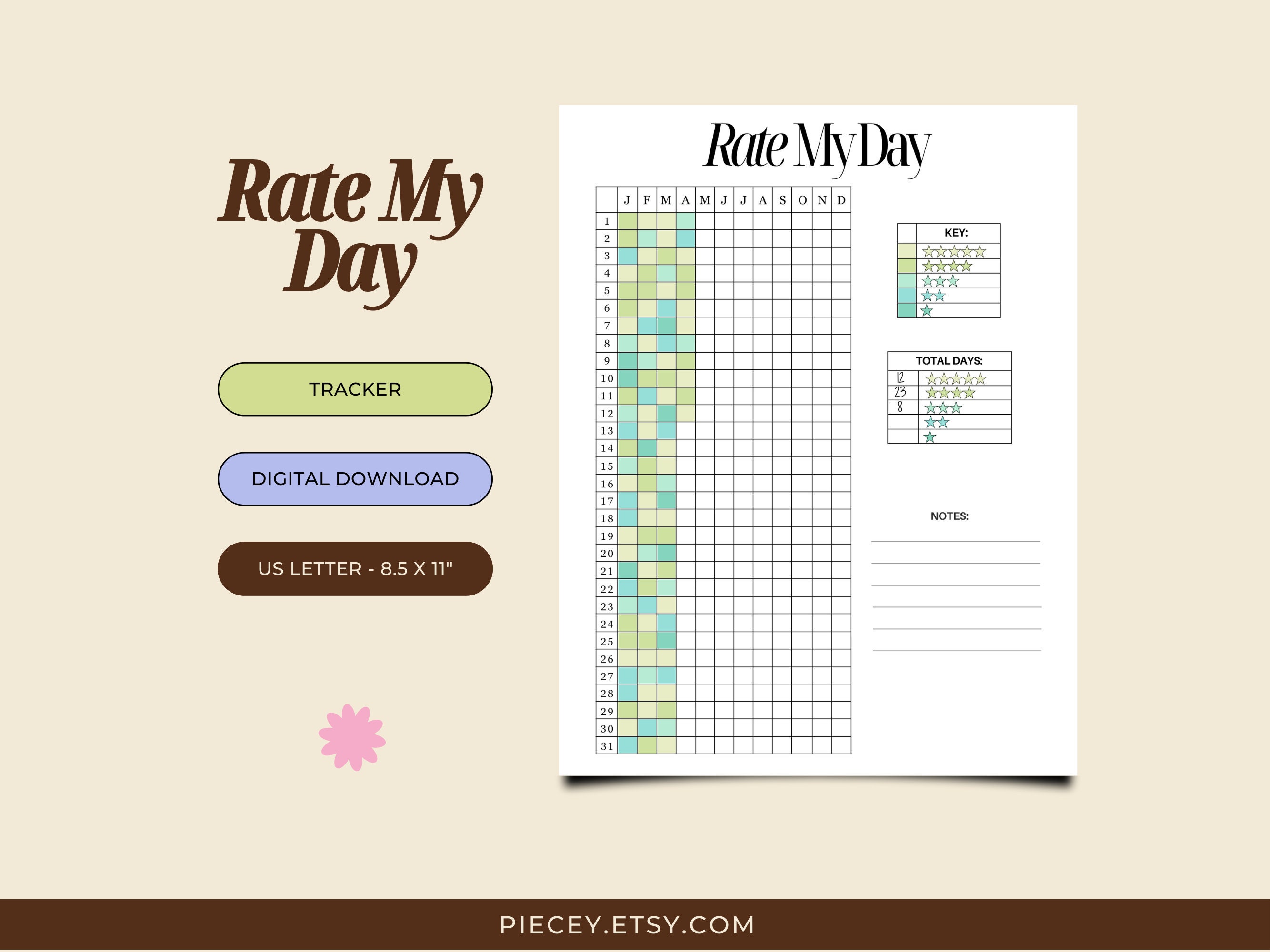 Rate My Day Tracker Printable Daily Rating Log Daily Mood Tracker ...