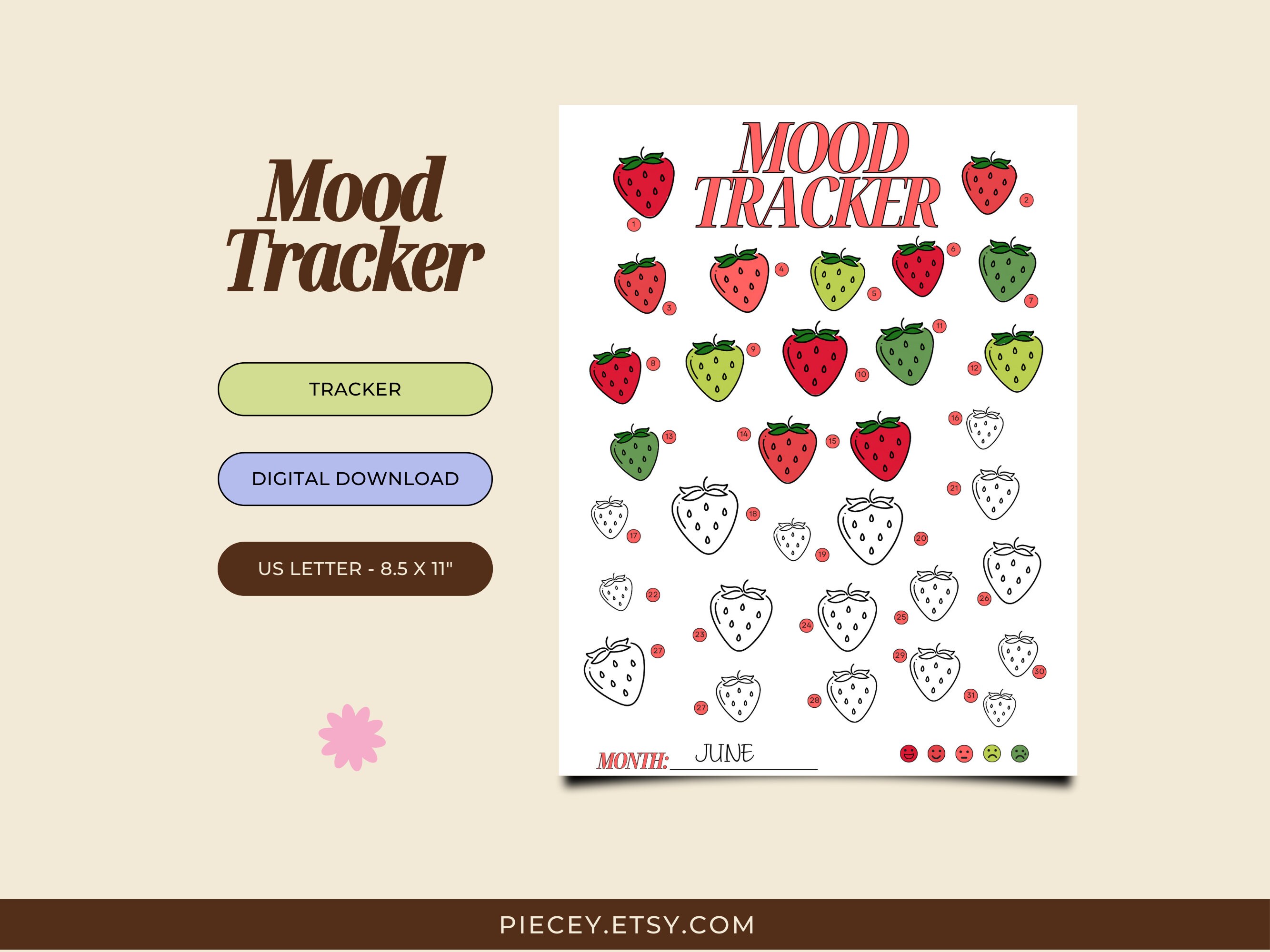 Mood Tracker Printable Strawberry Mood Tracker Printable Monthly Mood ...