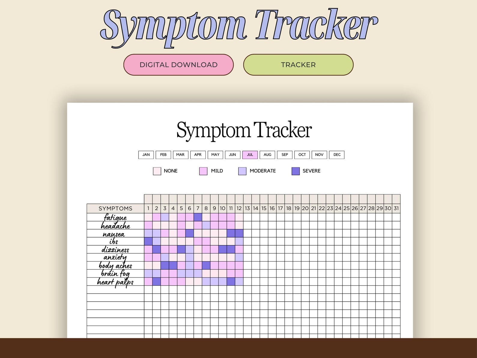 Monthly Symptom Tracker Log Printable, Symptom Frequency Tracker ...