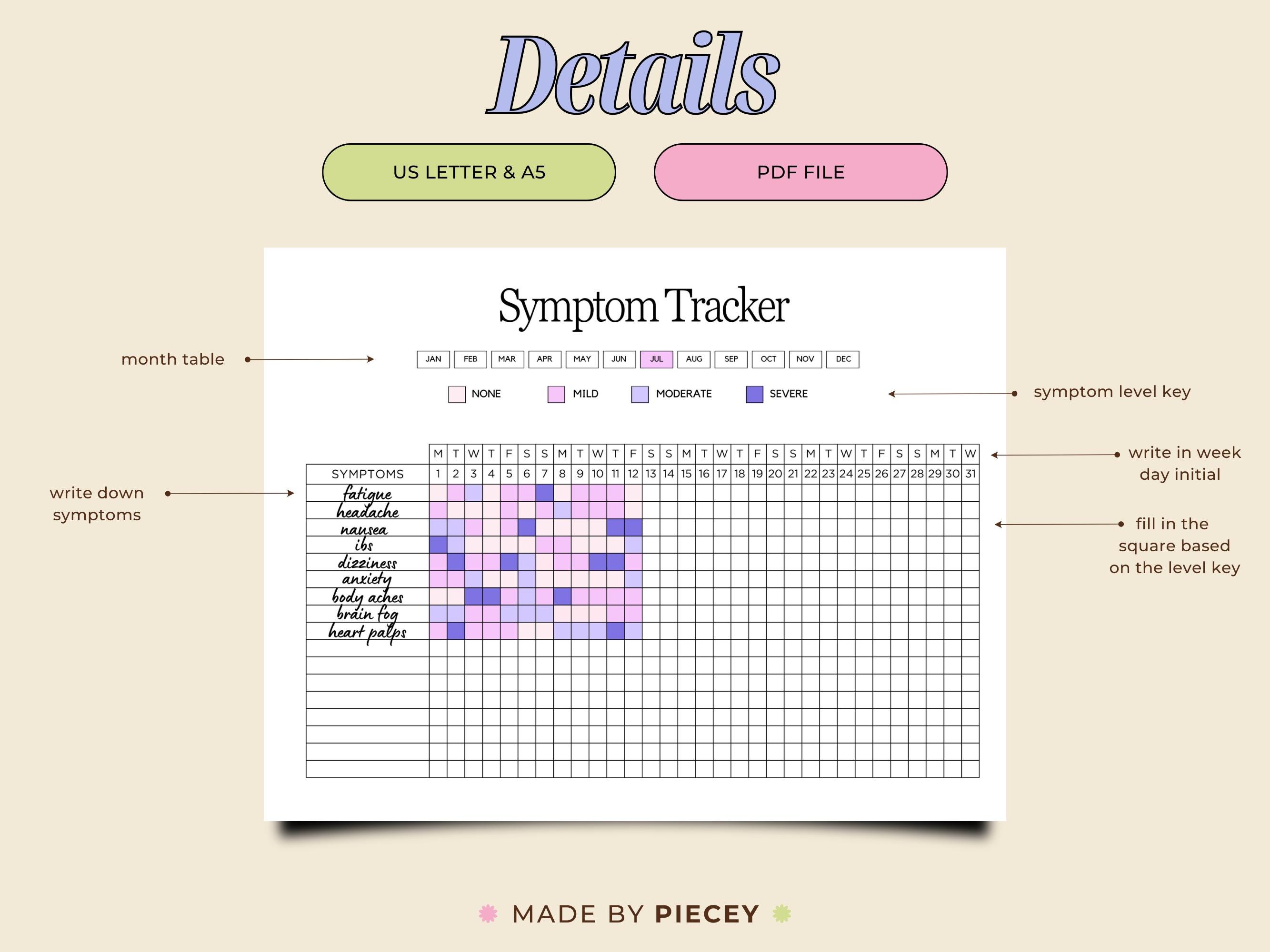 Monthly Symptom Tracker Log Printable, Symptom Frequency Tracker ...