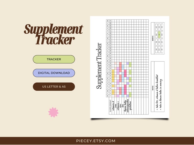 Monthly Supplement Tracker Printable, Vitamin Log (digital Download) - Etsy