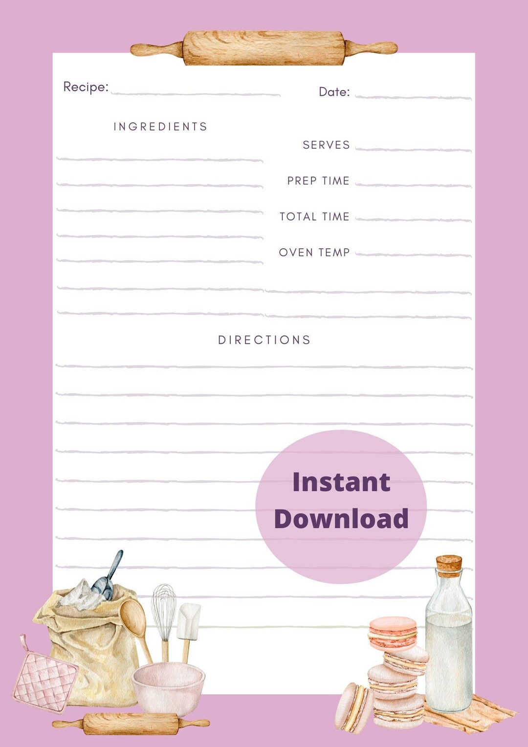 Recipe Pages Printable/ Cute Recipe Pages/ Blank Recipe Page/ Download ...
