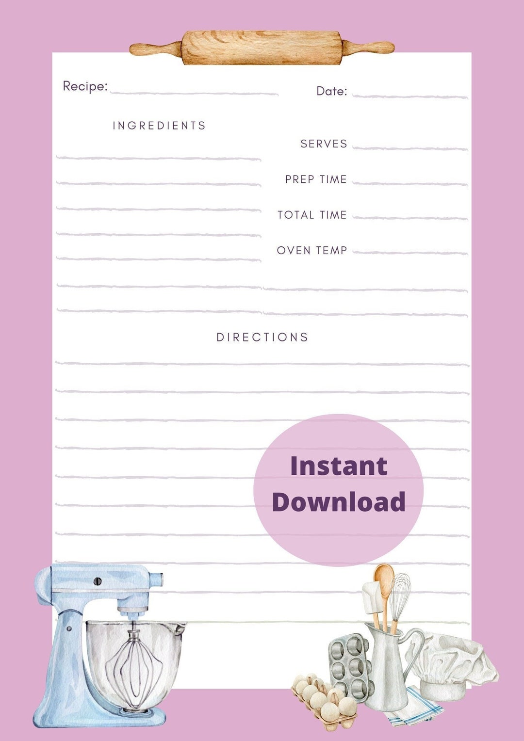 Recipe Page Printables/ 8 1/2" X 11"/ Instant Recipe Sheet/cute Recipe ...
