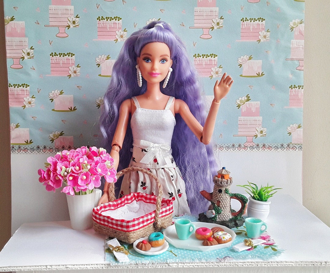 Doll Tea Party Set 1:6 Scale/ Red Plaid Basket/ Birdhouse Teapot/ Mini ...