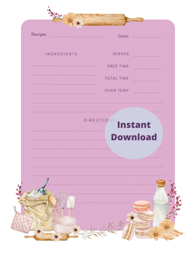 Recipe Page Template, Printable Recipe Pages, Cook Book, Blank Recipe ...