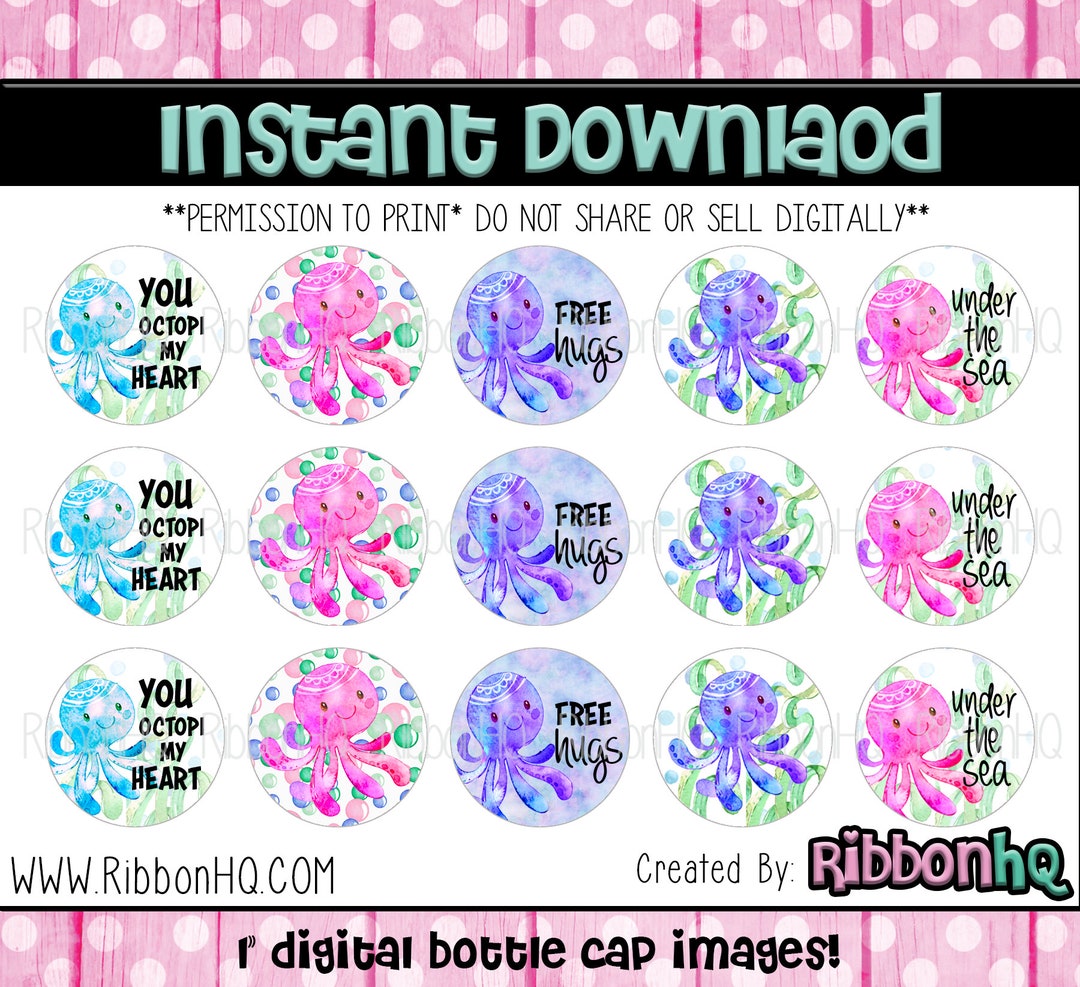 Octopus Bottle Cap Images -digital Download - 1” Circles - 1” Images ...
