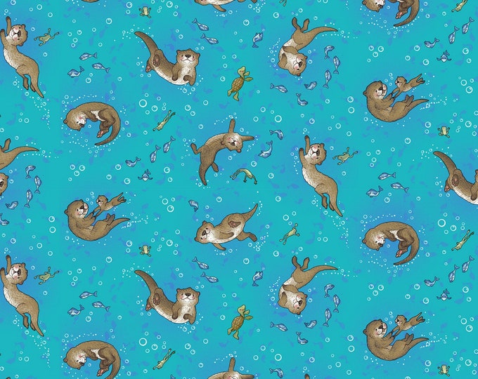 Henry Glass Otter Fabric - River Romp by Sharon Kuplack - Teal ...