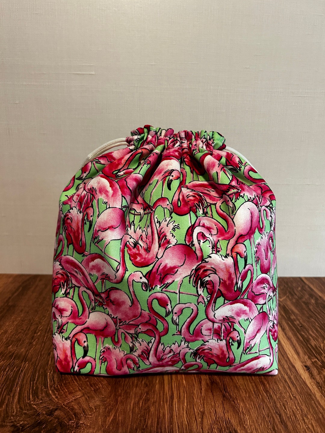 Flamingo Project Bag - Handmade - Drawstring Bag – Knitting Bag ...