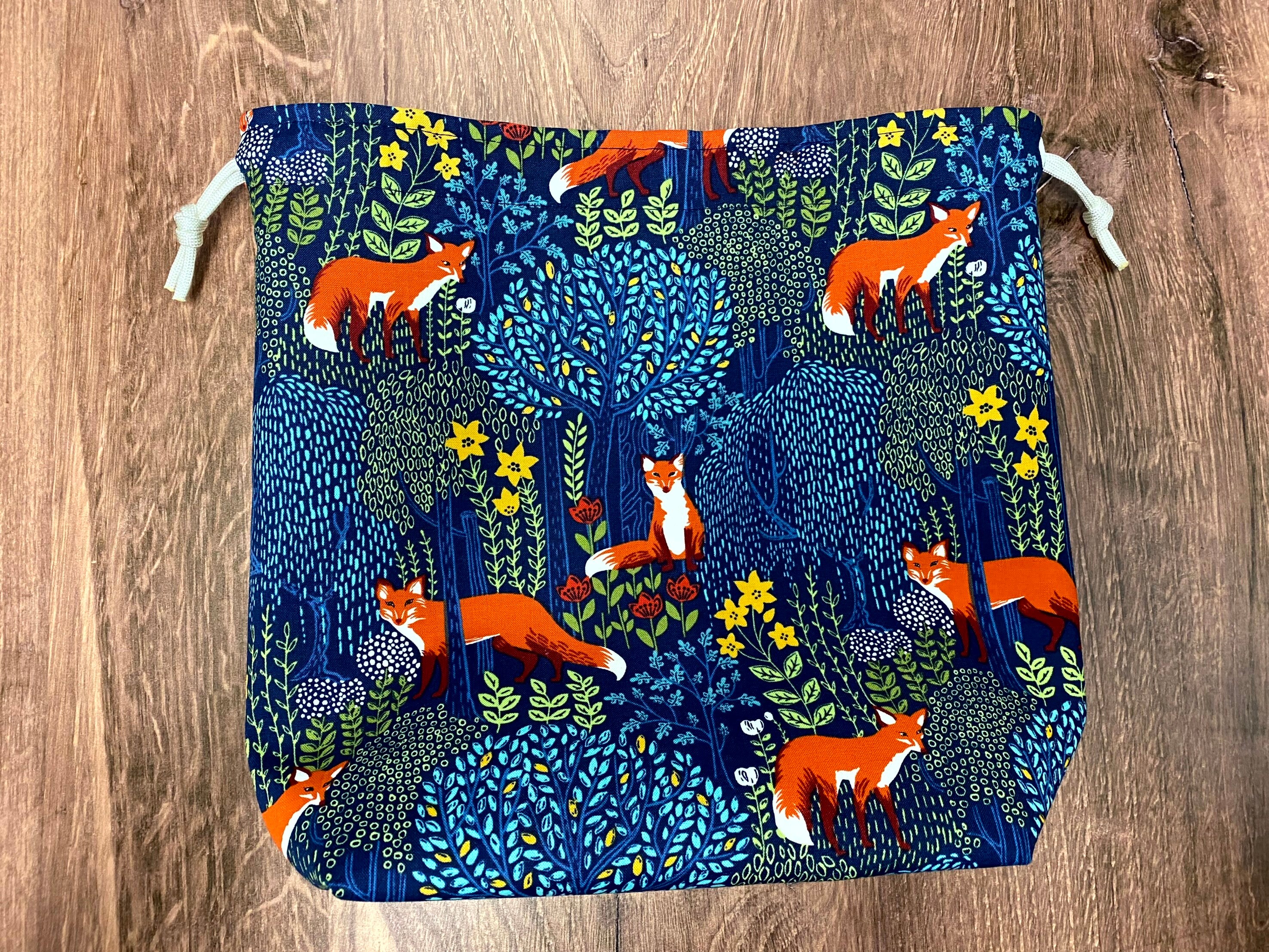 Fox Project Bag - Handmade - Drawstring Bag – Knitting Bag – Crochet ...