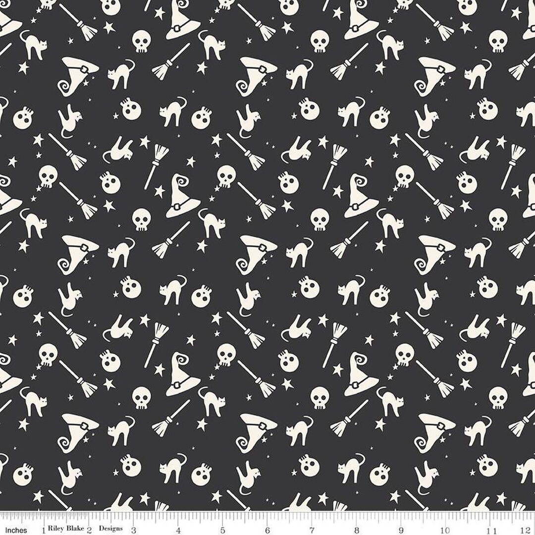 Riley Blake Fabric - Hey Bootiful Witch Icons Charcoal Glow in Dark ...