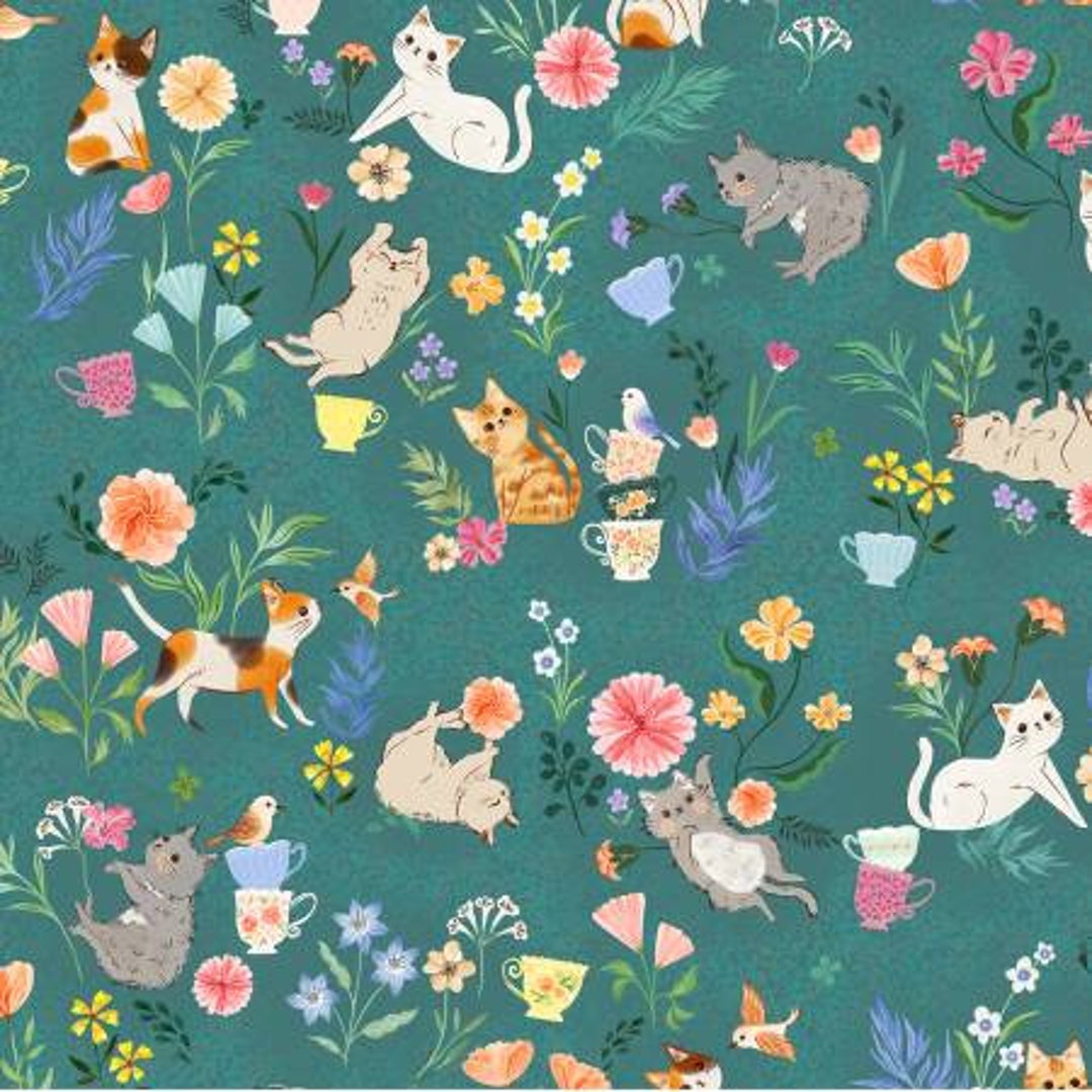 Windham Cat Fabric - Teal Garden Party - Cats in the Garden - Vivian Yiwing - 5385-1 - Cotton ...