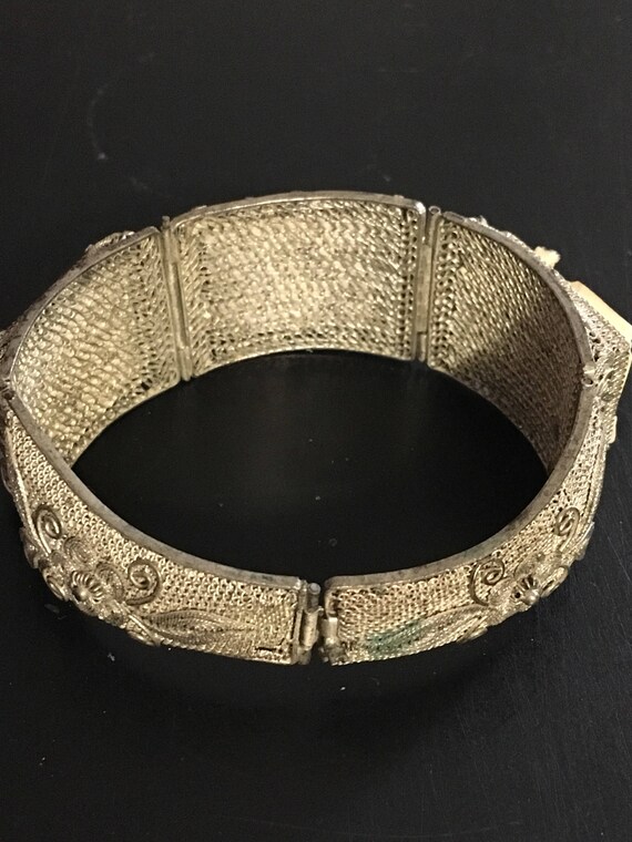 Antique Chinese carved ox bone in filigree bracelet - Gem