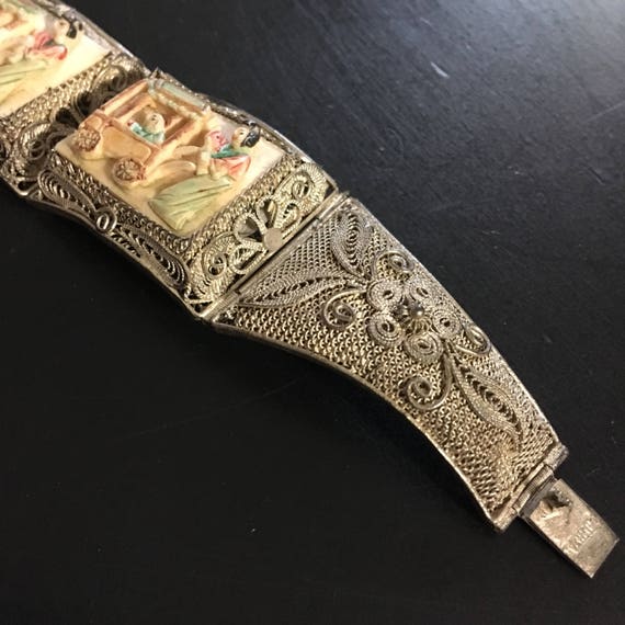 Antique Chinese carved ox bone in filigree bracelet - Gem