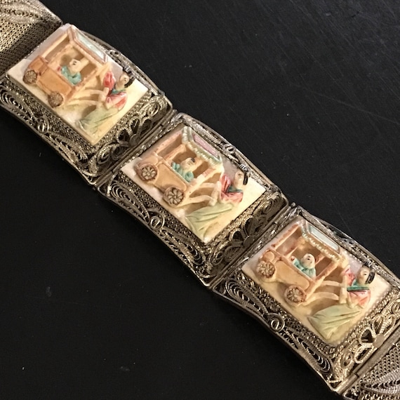 Antique Chinese carved ox bone in filigree bracelet - Gem