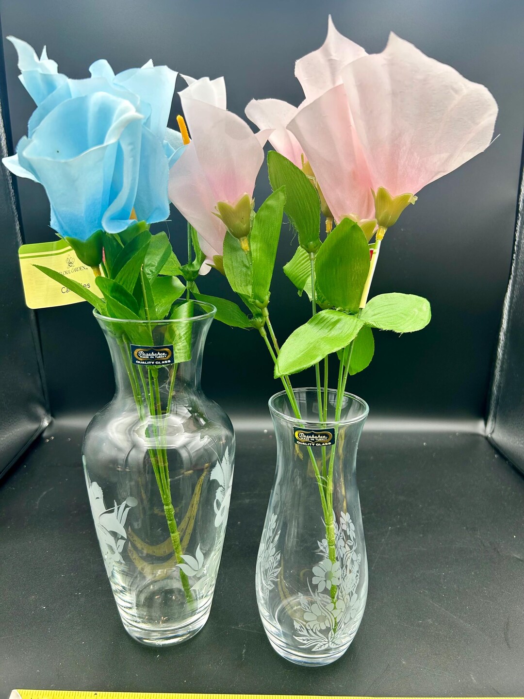 2 Pasabahce Made in Turkey Art Glass Clear Etched White Floral Vases 9 ...