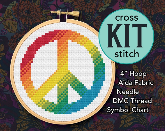 Rainbow Peace Sign Counted Cross Stitch Kit - 4 Inch Kit - Suitable for ...