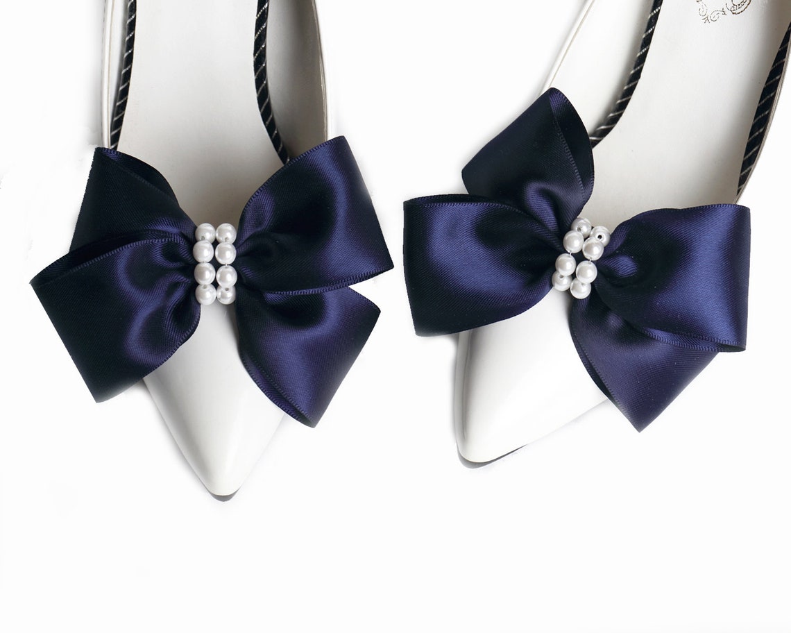 Navy Satin Bow Shoe Clips Blue Shoe Clips Ornaments Blue - Etsy
