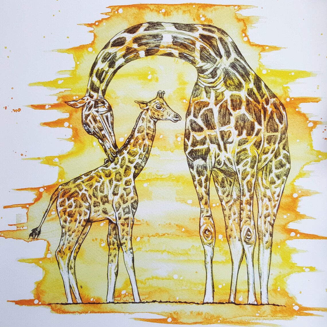 Watercolour giraffe print mother and baby giraffe print | Etsy