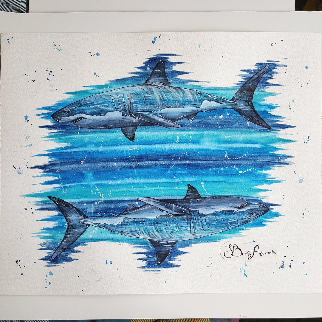 Watercolour Shark, Great White Shark Painting, Shark Decor, Nautical ...