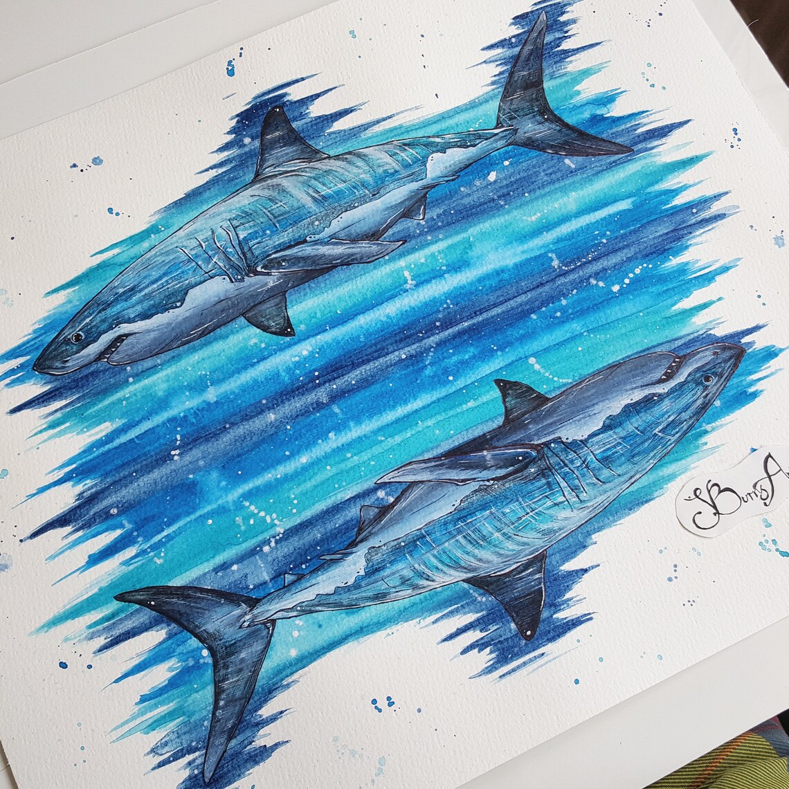Watercolour Shark Great White Shark Painting Shark Decor | Etsy