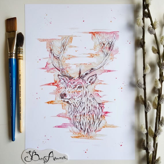 Watercolour Stag Print Stag Wall Art Woodland Animals | Etsy