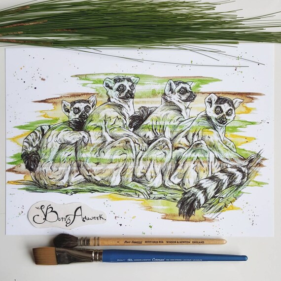 Watercolour Ring Tailed Lemur Print Lemur Gifts Jungle | Etsy