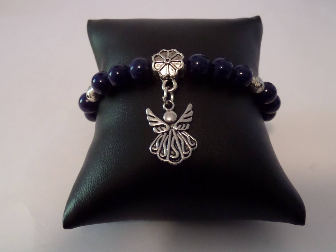 Dark Blue Riverstone and Silver Angel Charm Bracelet - Etsy