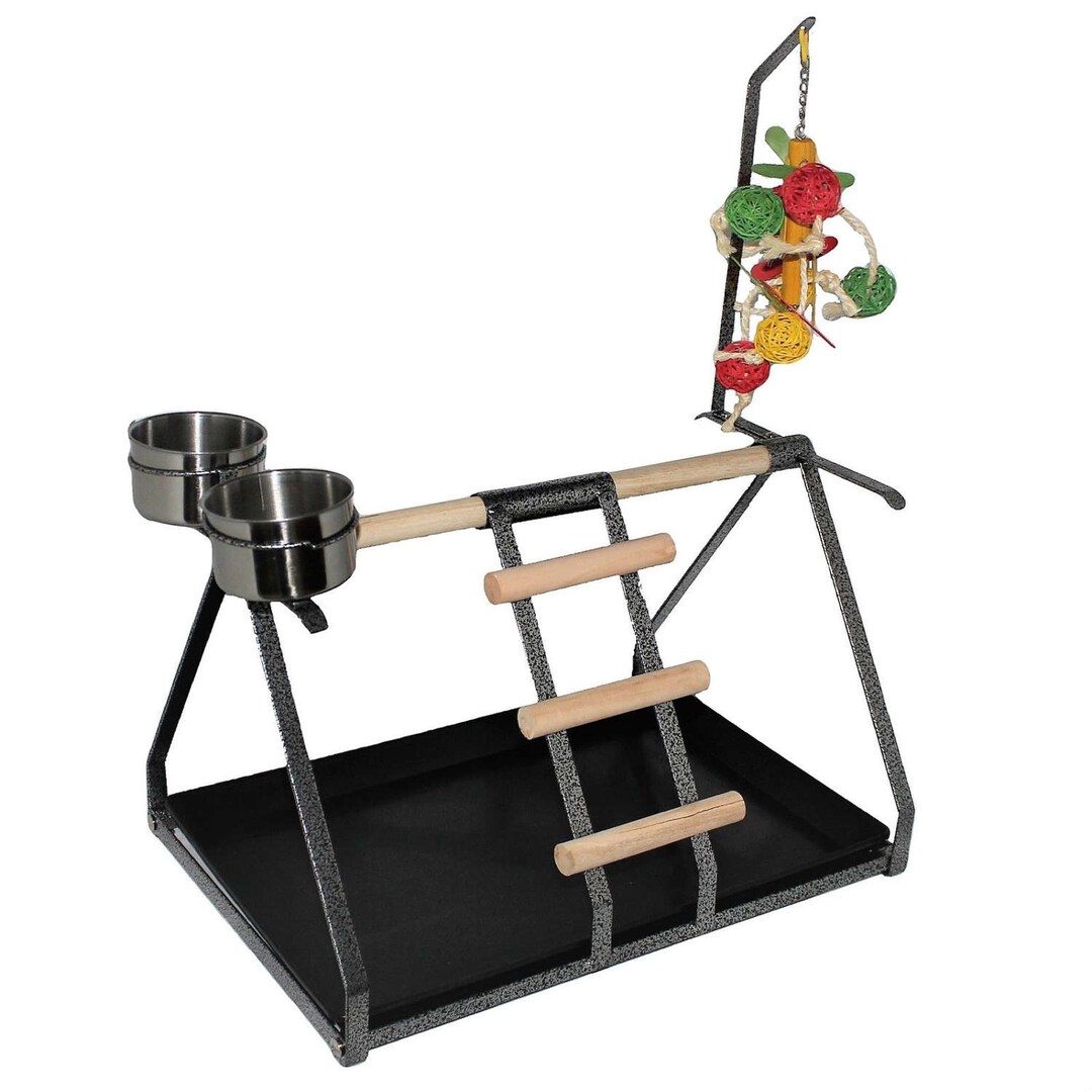 Tabletop Parrot Play Stand: Metal Frame, Wood Perch, Steel Cups - Etsy