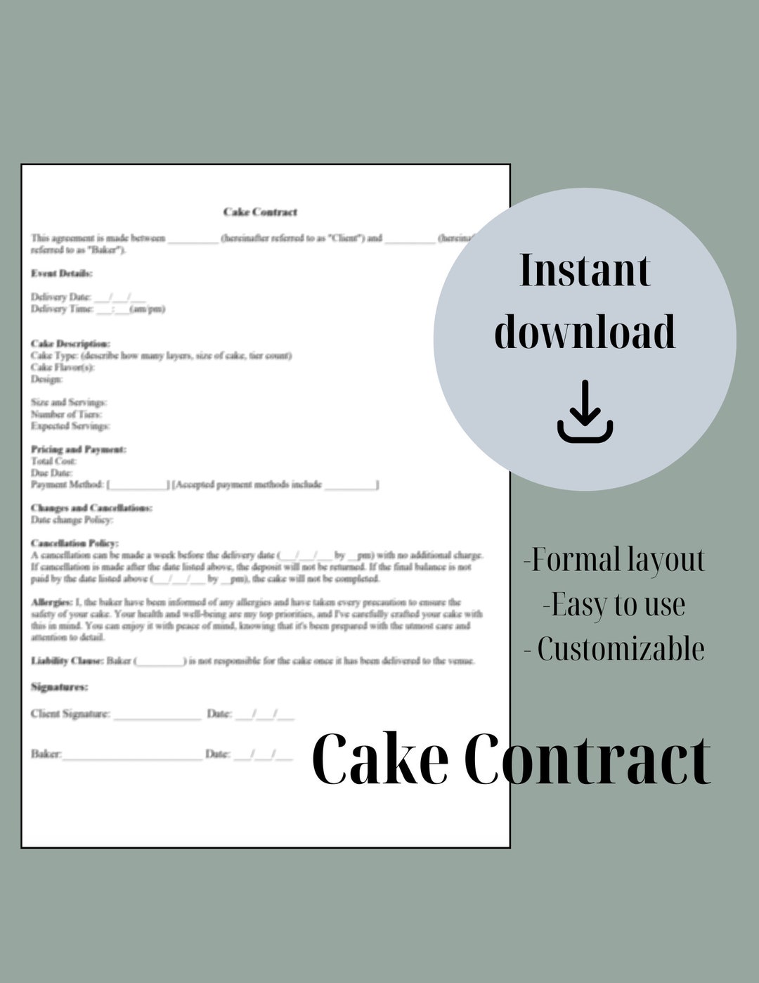 Official Cake Contract Form | Modern Template for Bakery Business ...