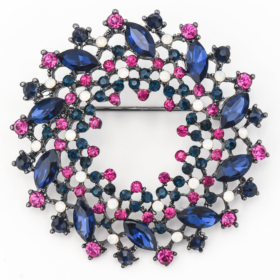 SALE - 1 3/4" Wreath Brooch Blue Pink, Blue Pink Brooch Crystal, Bridal ...