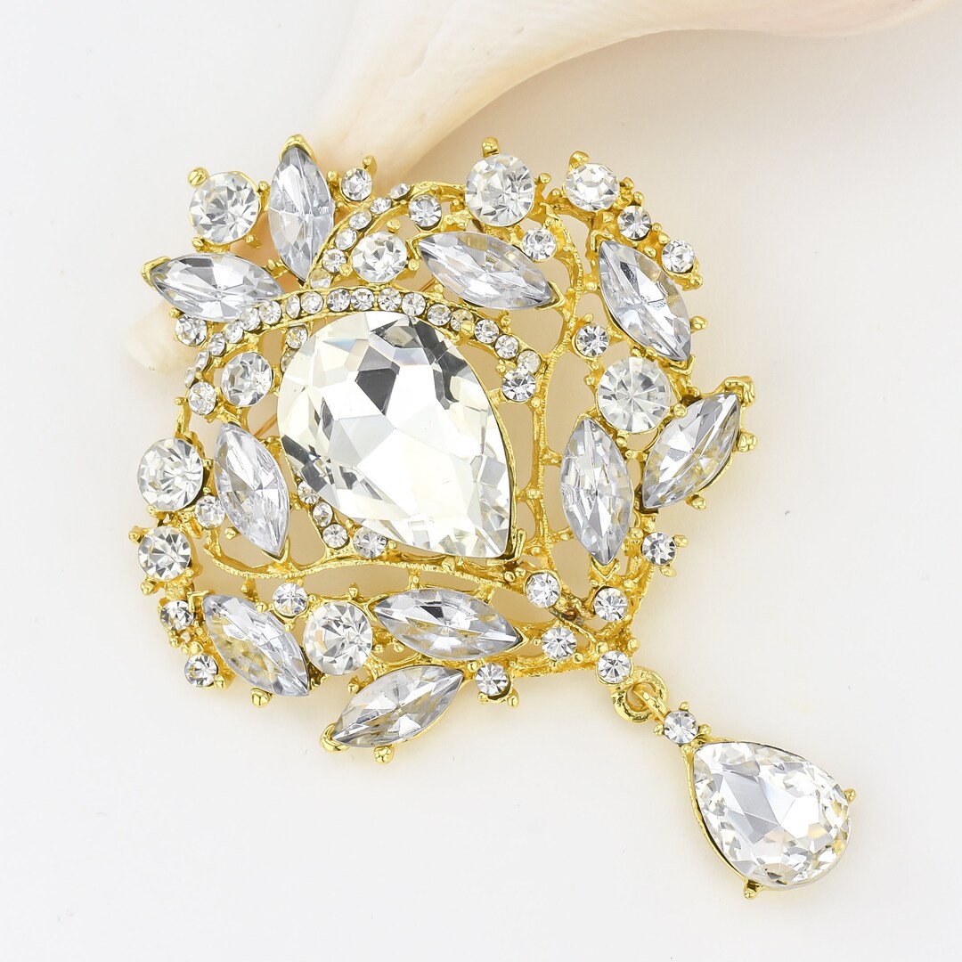 3 3/4 H Teardrop Gold Crystal Brooch, Elegant Gold Wedding Brooches ...