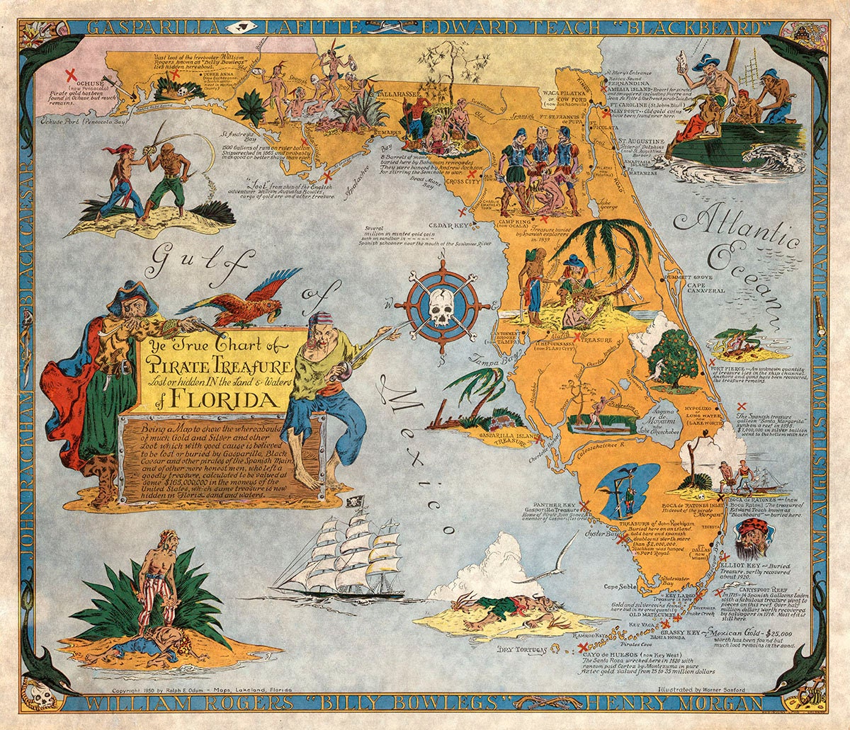 Pirate Treasure Map of Florida, Ye True Chart 1950 Vintage Giclee Fine ...