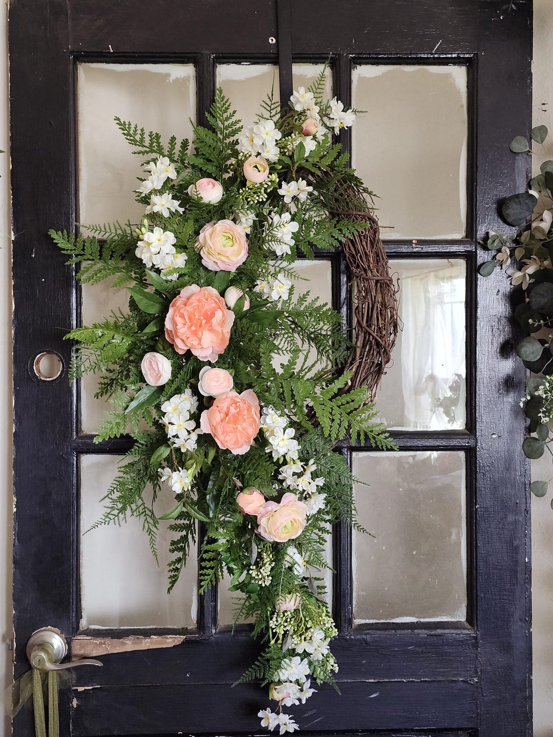 Peach & Cream Cascading Spring Wreath, Asymmetrical Garden Wreath ...