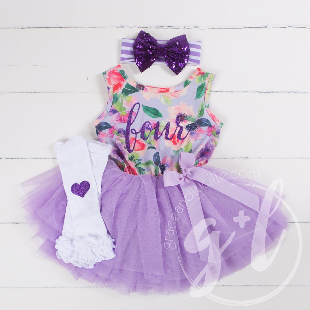 Fourth Birthday floral outfit dress with script four and | Etsy