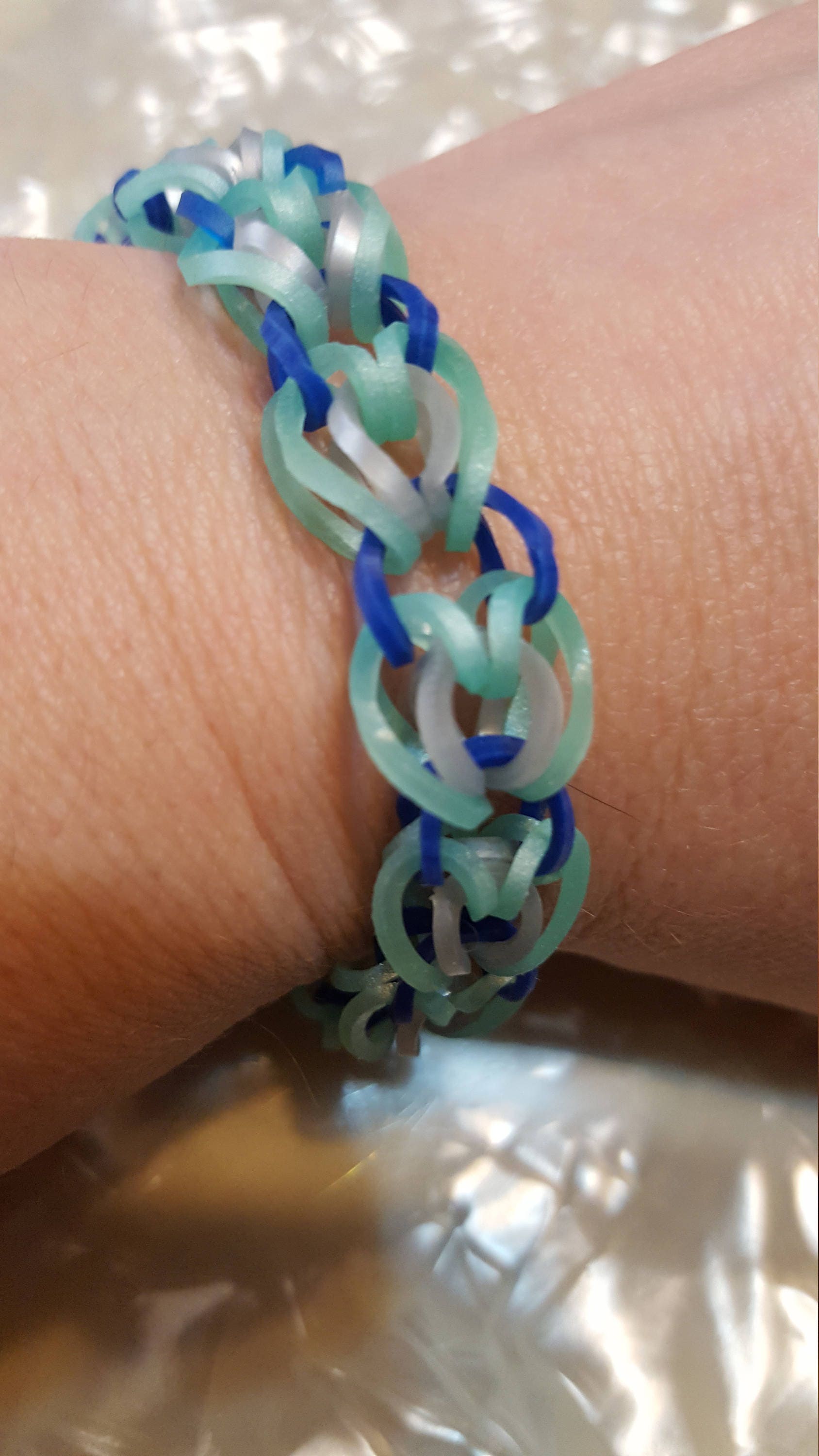 Rainbow Loom Open Heart Bracelet in Light Pearly Blue, Metallic Silver ...