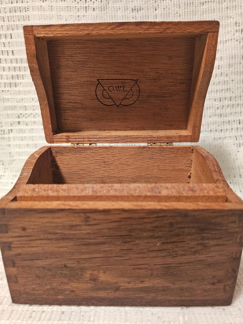 Vintage Owl Woodshop Wooden Index Box, File Card Storage Box W/dovetail ...