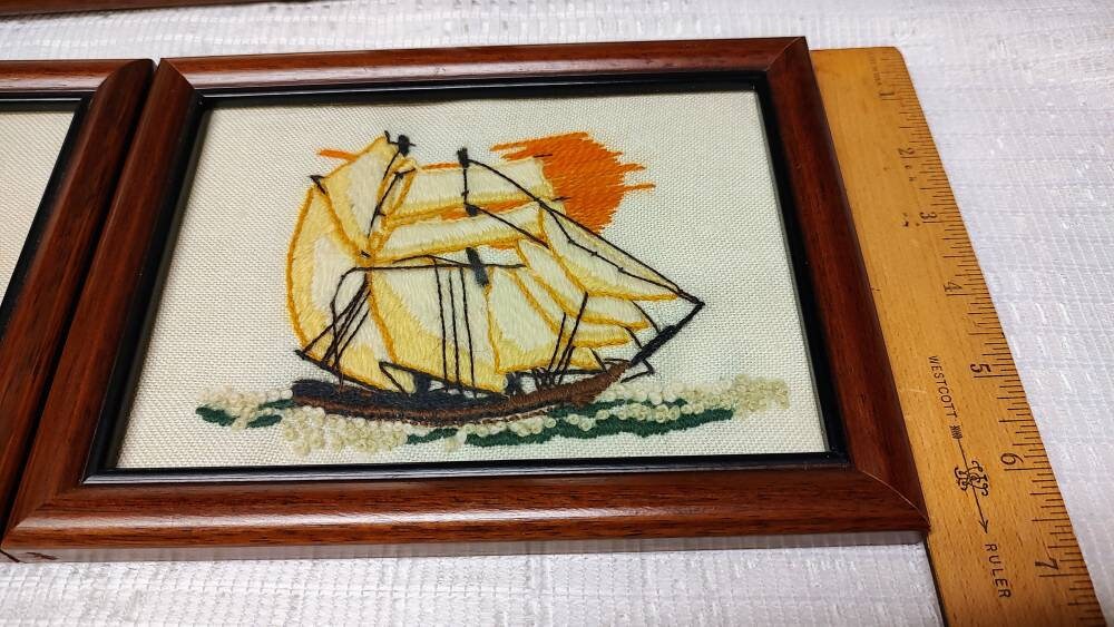 Vintage Sailing Ships Framed Embroidery/ Needlepoint. Set of 4 - Etsy