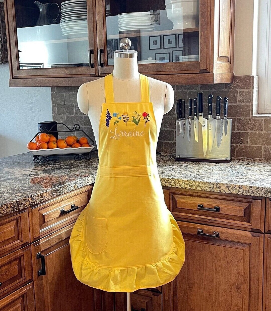 Birth Flowers, Birth Flower Apron, Handmade Personalized Apron, Yellow ...
