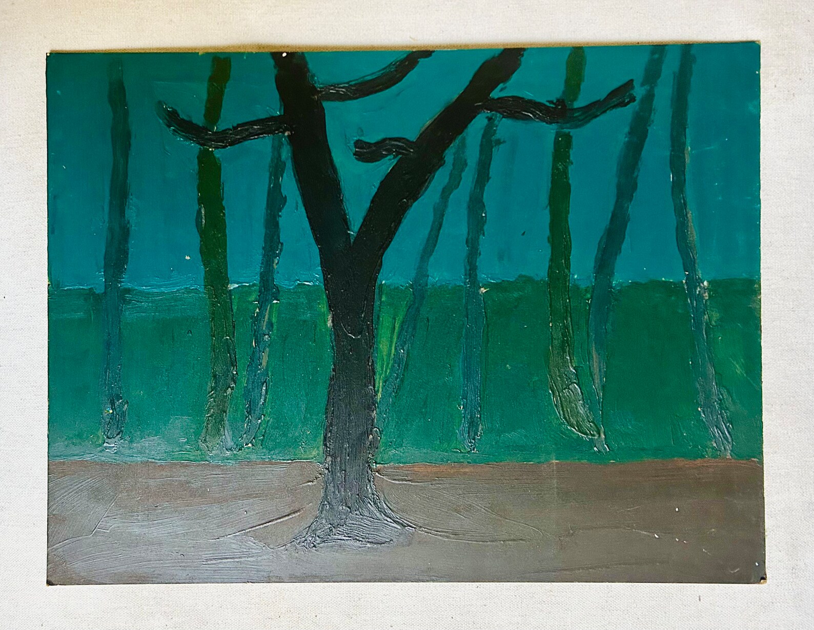 1960s French Vintage Modern Art Oil Painting on Panel. Trees in the ...