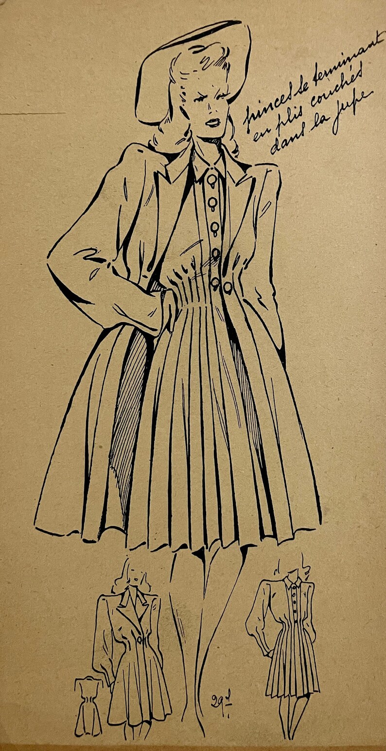 1940s French Ink Drawing on Paper. Vintage Fashion in Paris. | Etsy