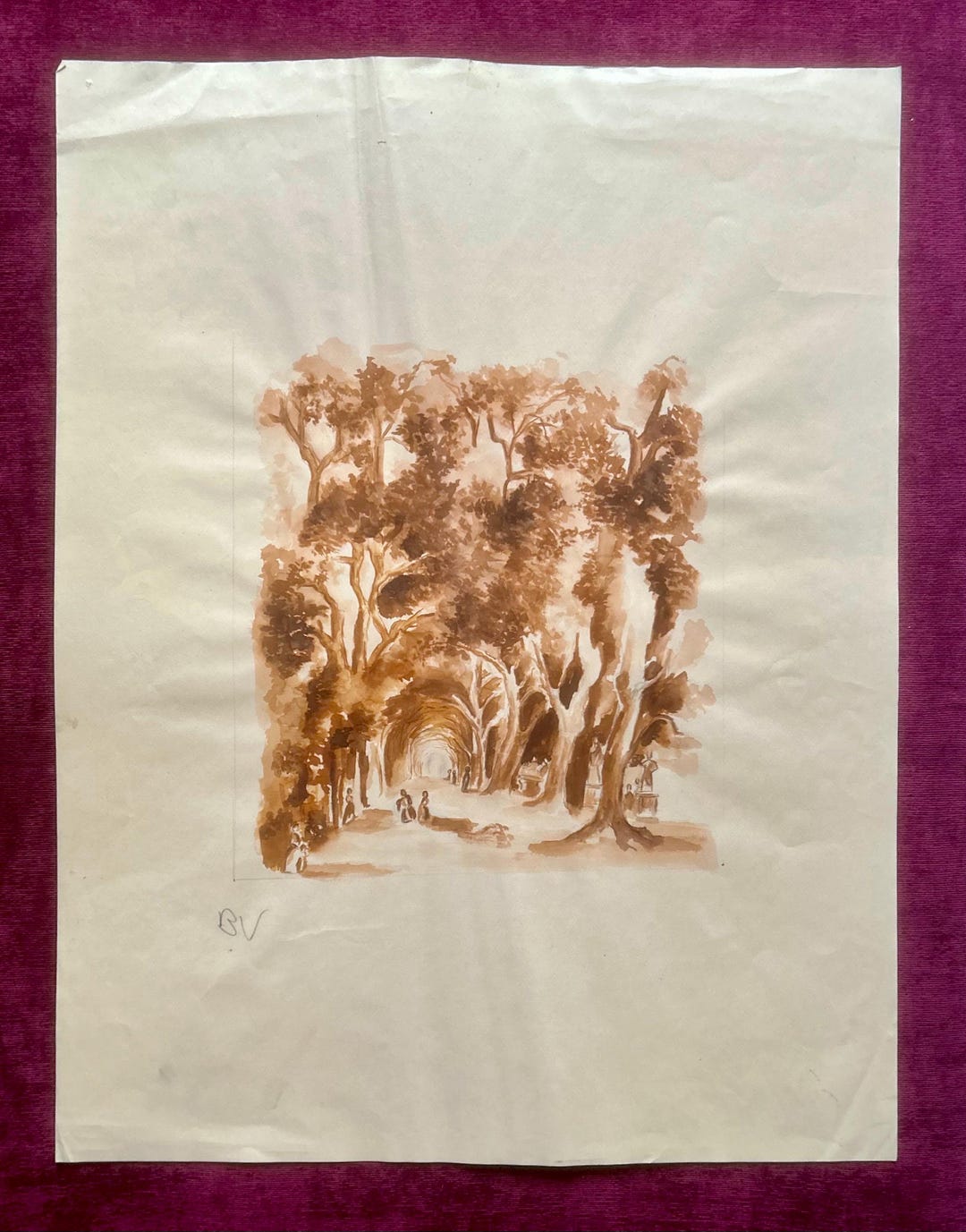 1910s French Sepia Large Watercolor on Paper. Animated Park Alley in ...