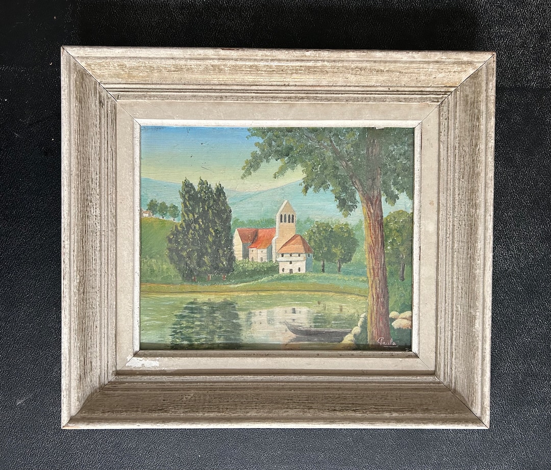 1930s French Naive Art Oil Painting on Panel. Lake View With ...