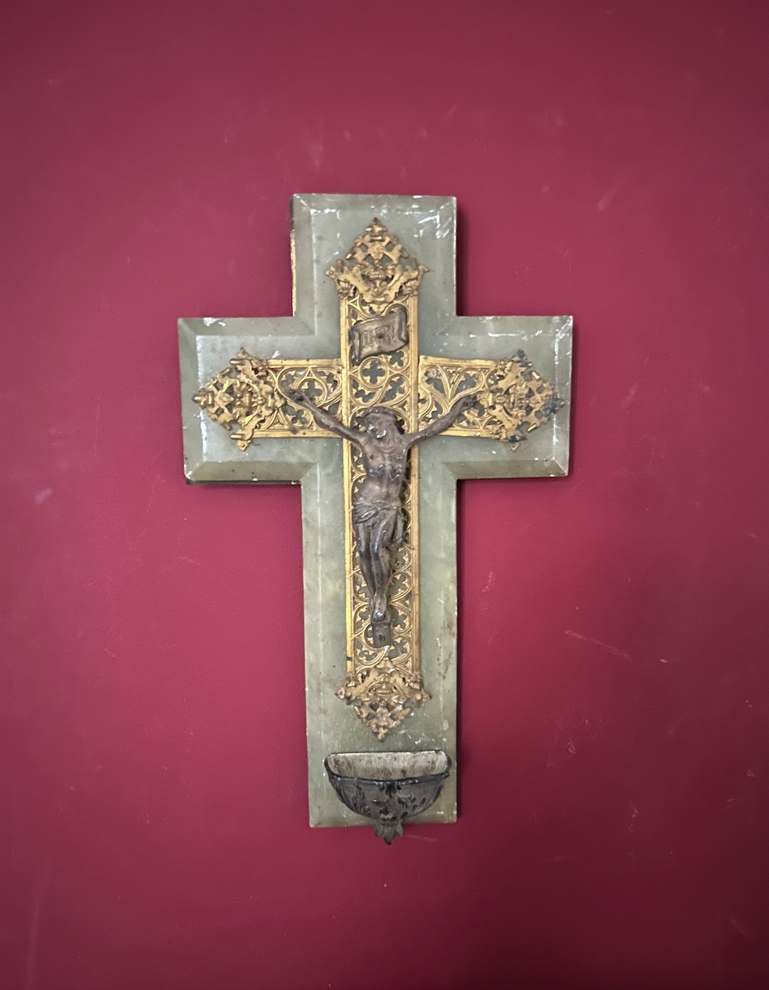 1930s French Antique Cross With Holy Water Font . Religious. Catholic ...