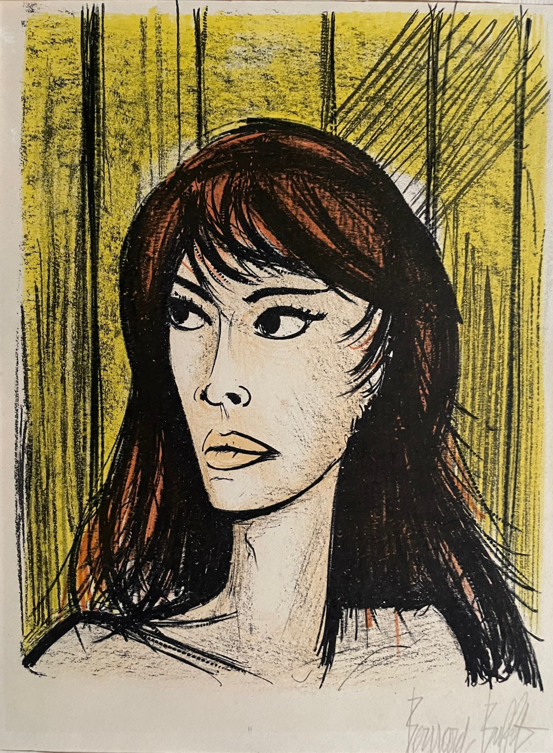 1962 French Bernard Buffet Signed Lithograph Rita Portrait Woman Yellow ...