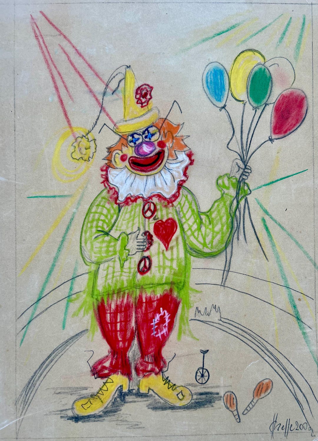 2000s French Vintage Pastel Drawing on Paper. Clown. Circus. Children ...