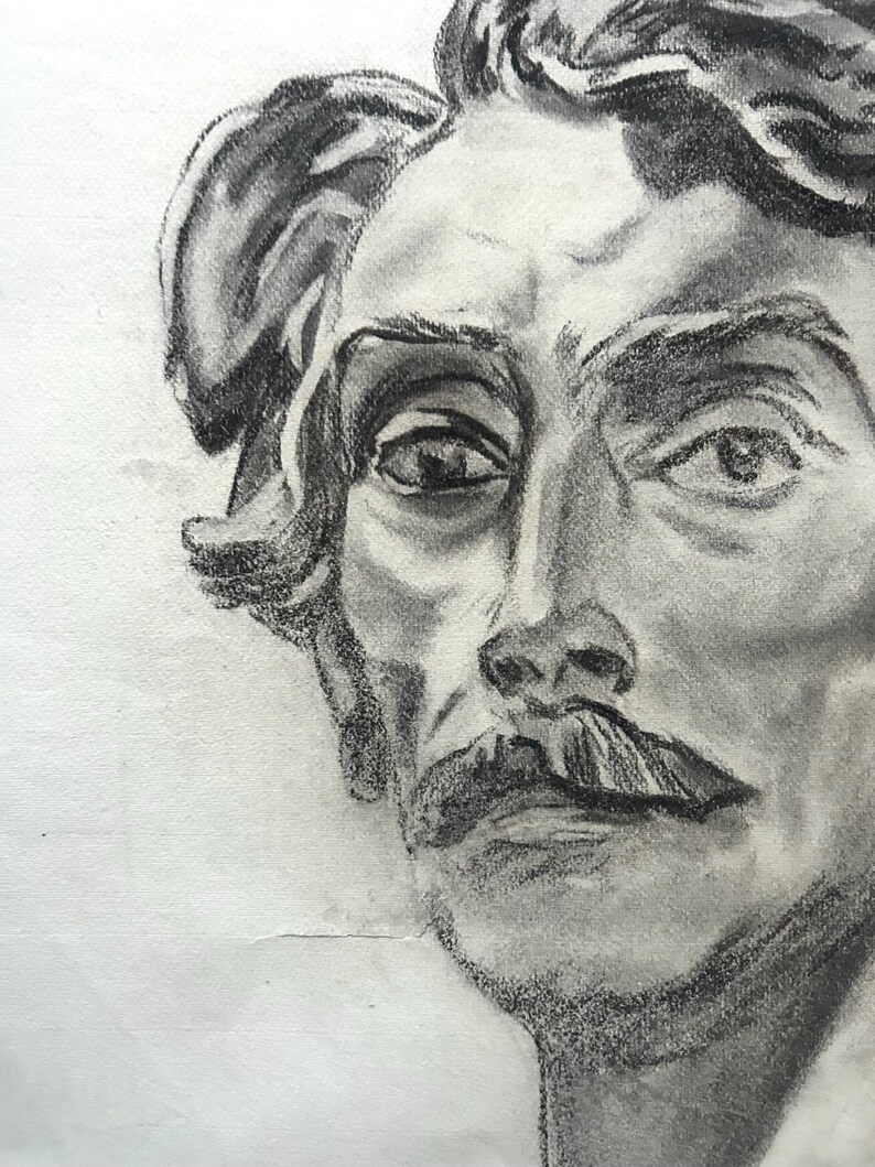 1910s French Charcoal Drawing. Portrait of a Frenchman With Mustache ...